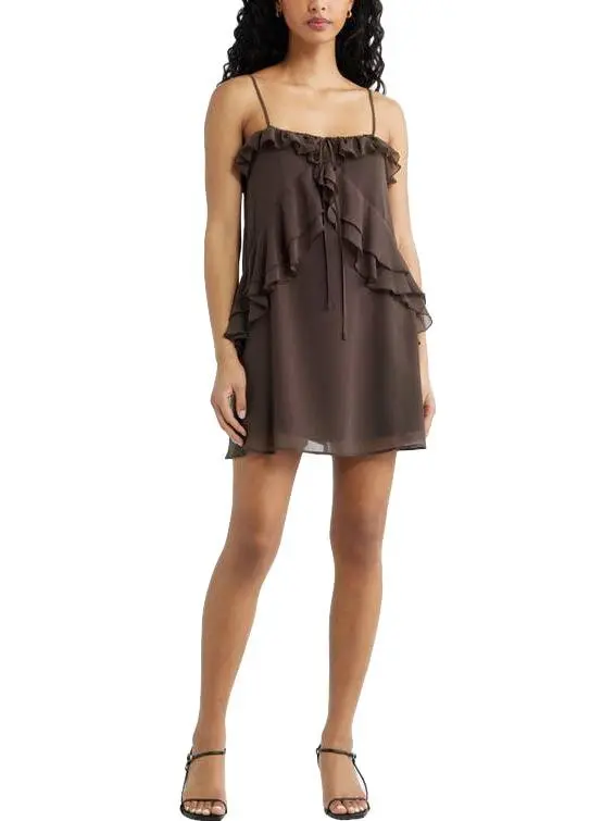 OPEN EDIT Ruffle Chiffon Minidress - Brown Seal