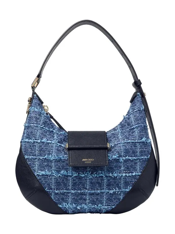JIMMY CHOO Bar Hobo Small Marine Crosshatch Denim Fabric Shoulder Bag With Biker Leather Trim - Denim Grid/marine/shiny Gold
