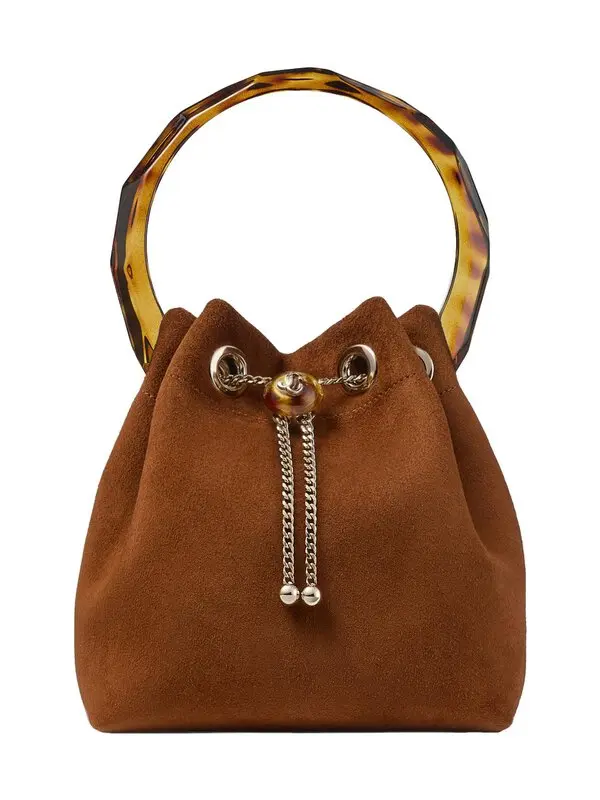 JIMMY CHOO Suede Bucket Bag With Tortoiseshell Handle - Tan/multi/tortoiseshell