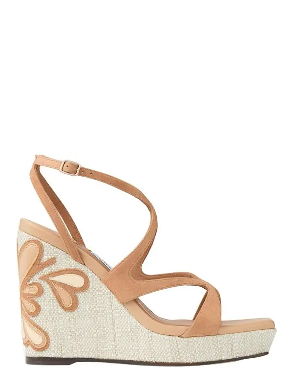 JIMMY CHOO Ayla 110 Toffee Suede And Nappa Leather Wedges - Toffee/natural Mix