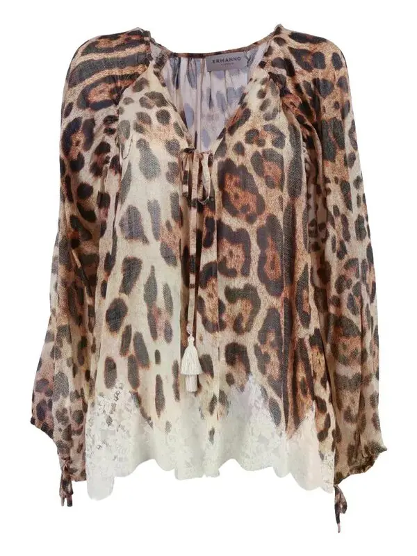 ERMANNO FIRENZE Leopard-print Lace-trim Blouse - Neutrals