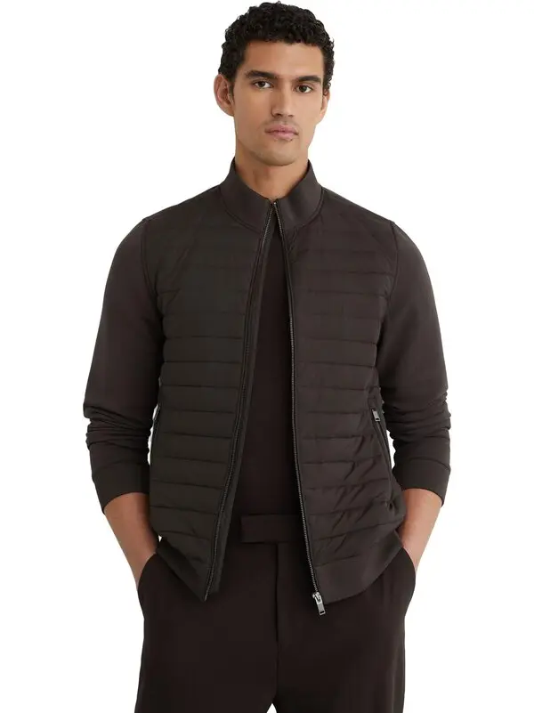 REISS Hybrid Quilt And Interlock Zip Jacket - Chocolate Brown