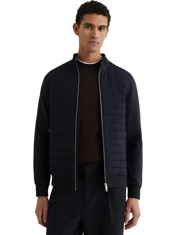 REISS Hybrid Quilt And Interlock Zip Jacket - Navy