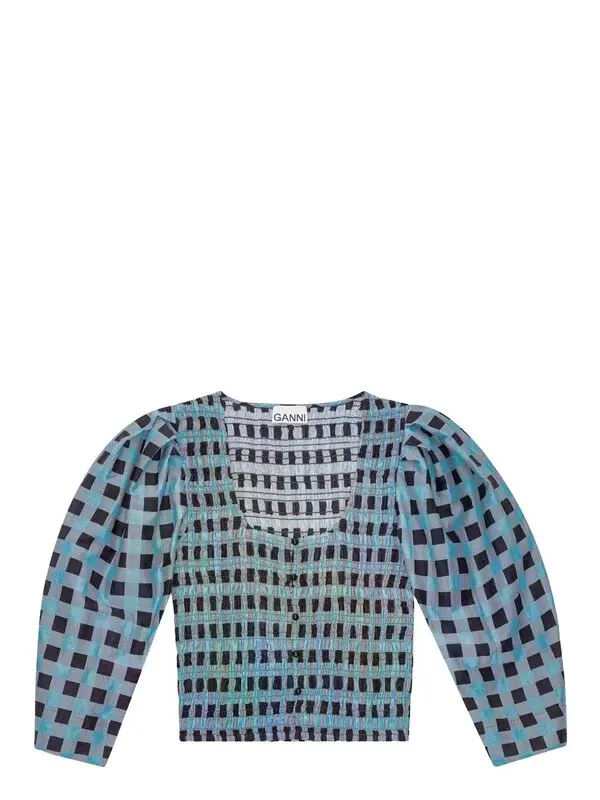 GANNI Check Smocked Top - Blue