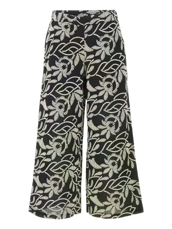ELENA MIRO` Floral Embroidery Wide-leg Trousers - Black