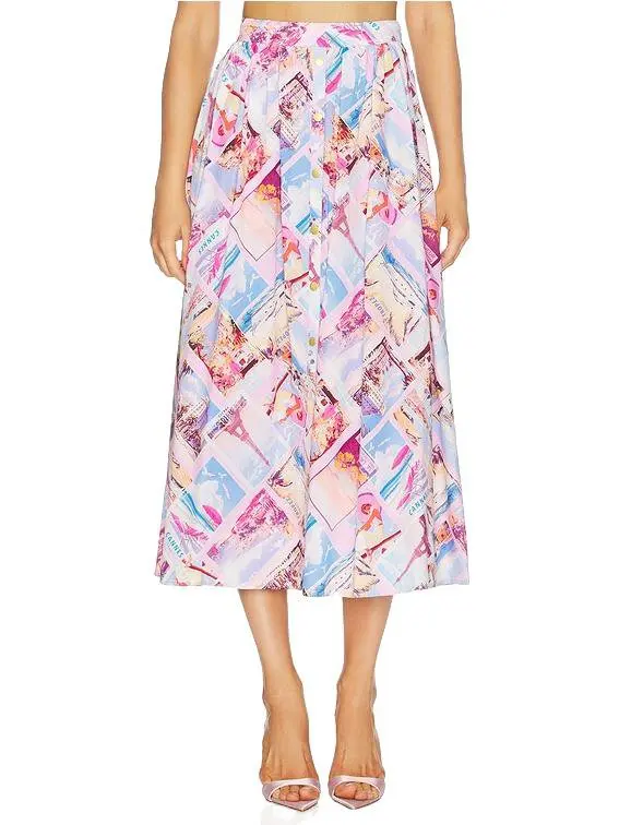 L'Agence Seina Midi Skirt - Light Pink Multi Small Postcard Print