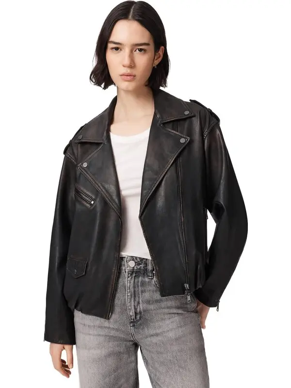 ALLSAINTS Samina Relaxed Fit Leather Biker Jacket - Black/brown