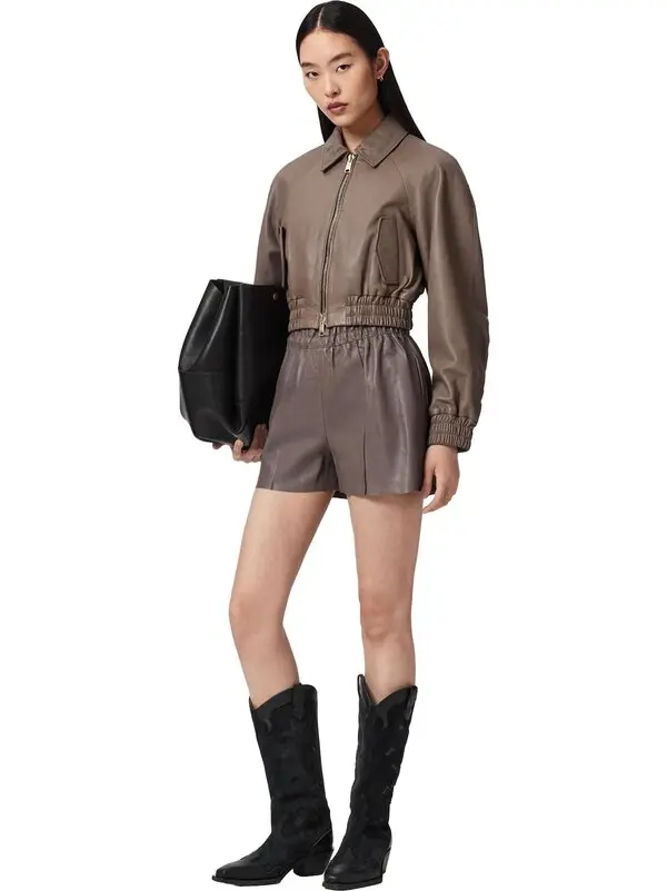 ALLSAINTS Anouk Cropped Leather Bomber Jacket - Brown