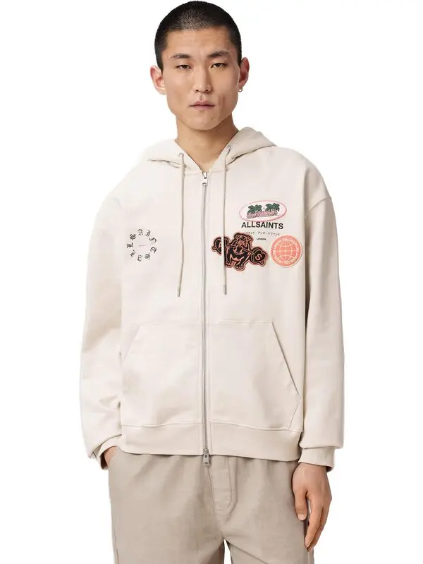 ALLSAINTS Patcher Zip Up Cotton Hoodie - White
