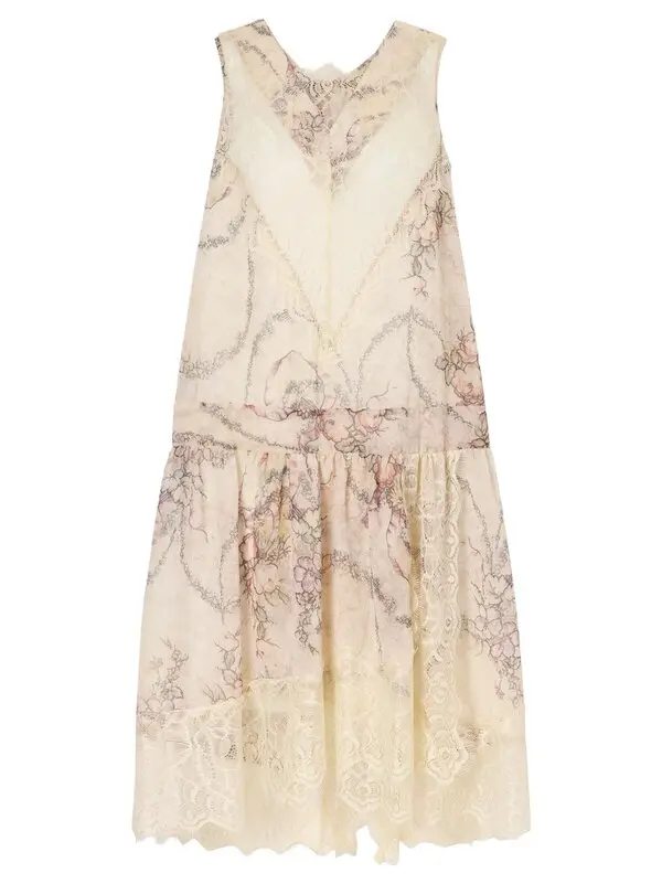 Anna Sui Floral-print Lace-trimmed Chiffon Midi Dress - Neutrals