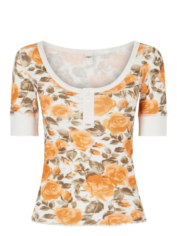 Chloé Floral-print Ribbed Stretch-cotton Jersey T-shirt - Orange
