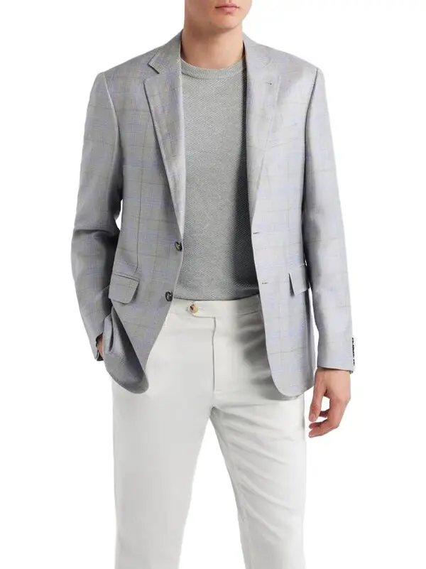 Canali Kei Trim Fit Plaid Cashmere, Linen & Silk Sport Coat - Light Grey