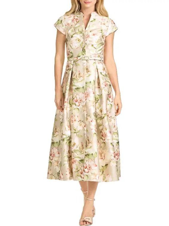 Sachin & Babi Martine Floral Mikado Belted Cocktail Midi Dress - Pewter Camellia