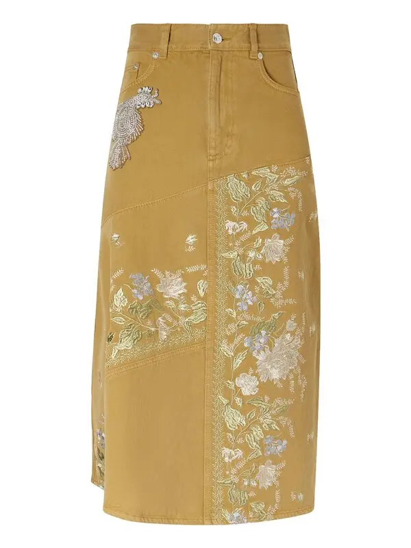 Erdem Embellished Embroidered Denim Midi Skirt - Green