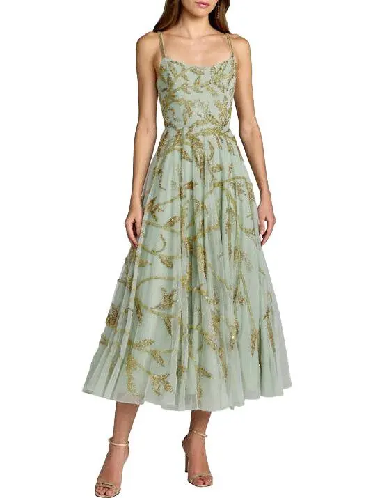 Mac Duggal Floral Hand Beaded Midi Dress - Seafoam Gold
