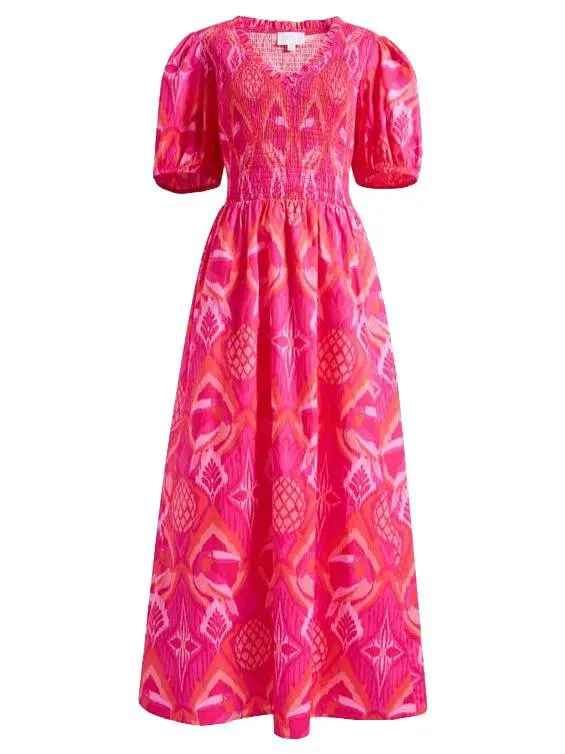 SUGARLIPS Prissa Ikat Brenty Smocked Maxi Dress - Magenta-coral