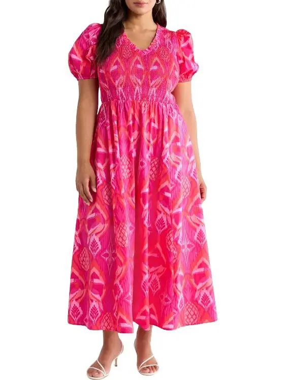 SUGARLIPS Prissa Ikat Brenty Smocked Maxi Dress - Magenta-coral