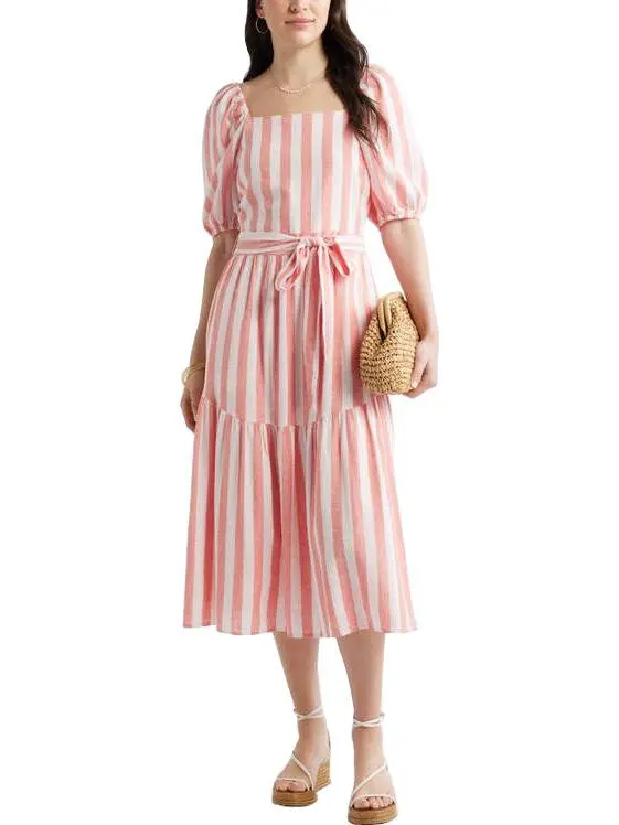 Caslon Stripe Puff Sleeve Tiered Midi Dress - Pink- Coral Cabana Stripe