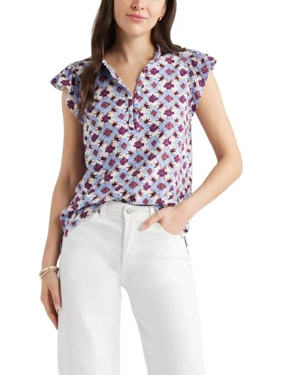 Caslon Flutter Sleeve Print Popover Top - Ivory- Purple Millie Tile