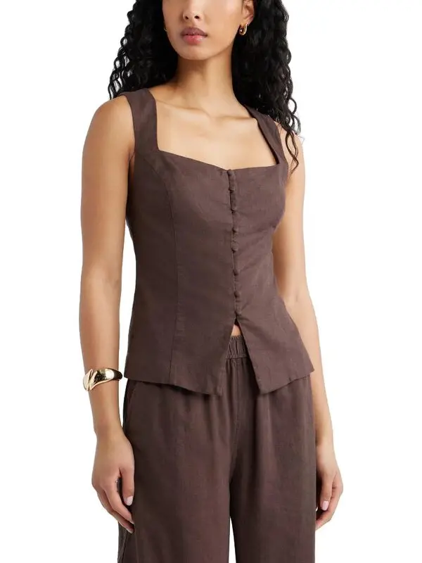 OPEN EDIT Sweetheart Neck Linen Blend Top - Brown Seal
