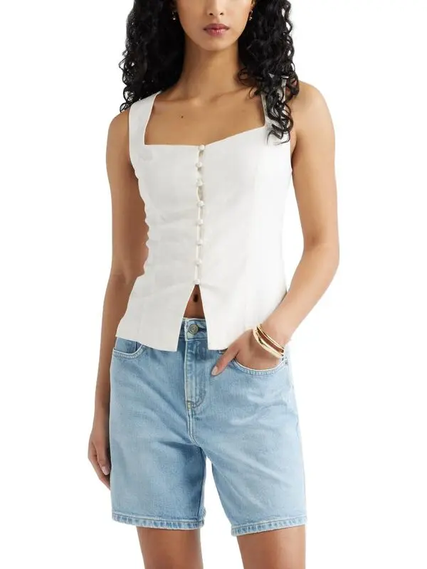 OPEN EDIT Sweetheart Neck Linen Blend Top - White