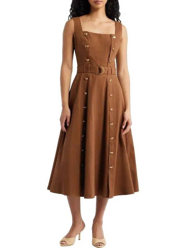 FREEMARKET Belted Fit & Flare Cotton Midi Dress - Brown