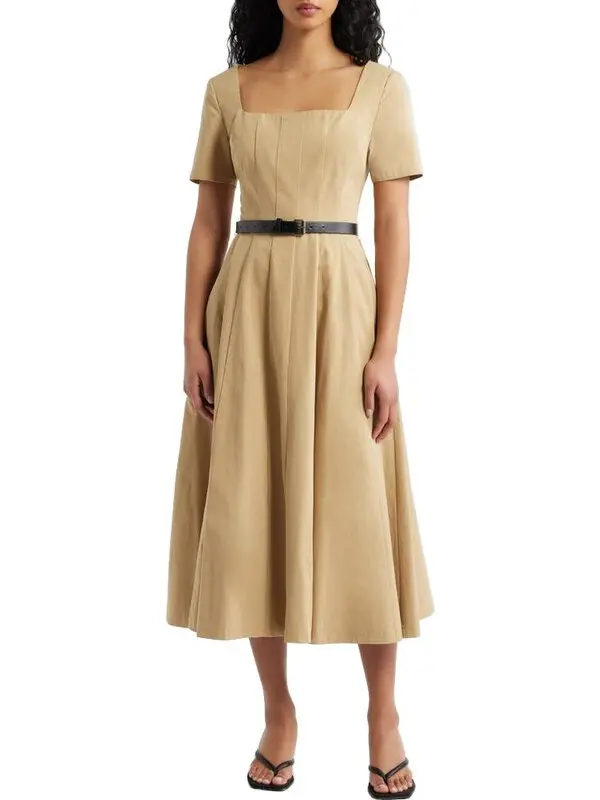 FREEMARKET Belted Pleated Cotton Midi Dress - Beige