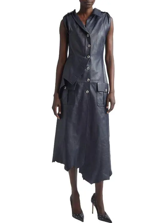 Alexander McQueen Asymmetric Leather Shirtdress - Navy