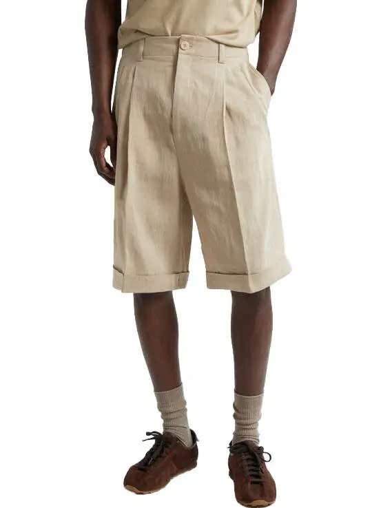 Jacquemus Cuffed Linen Blend Herringbone Bermuda Shorts - Beige