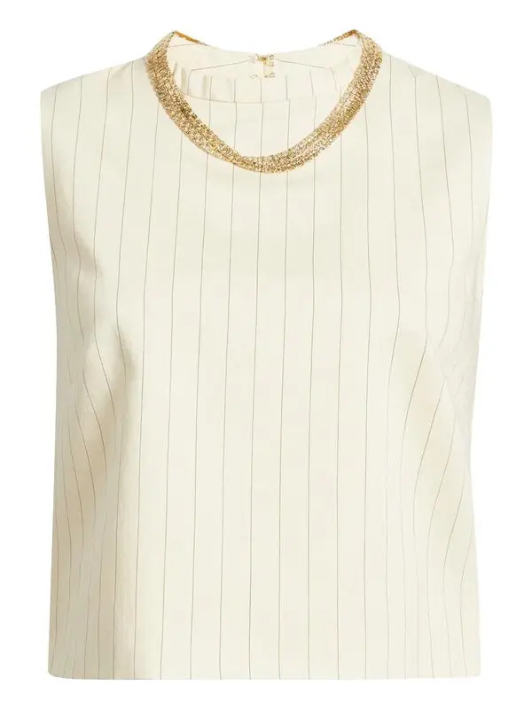 Mango Pinstripe Embellished Layered Necklace Top - Off White