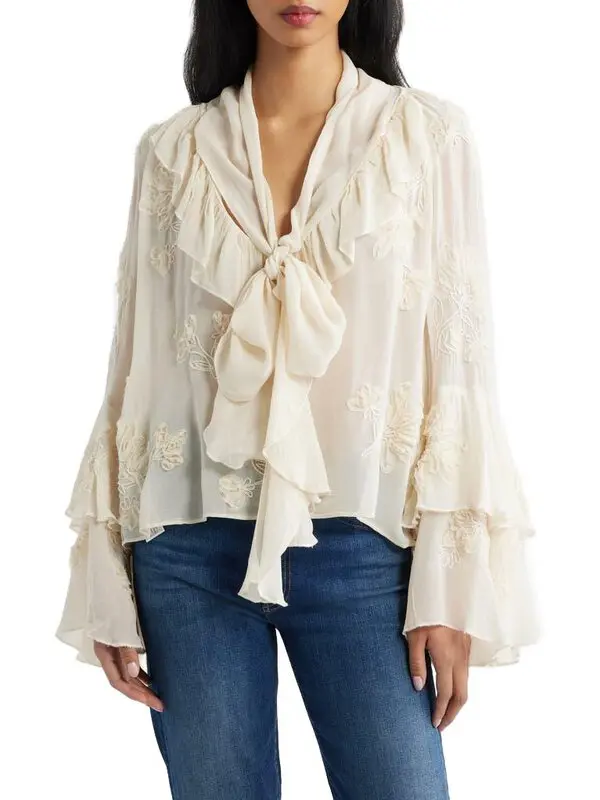 Mango Floral Embroidered Tie Mock Neck Top - Ecru