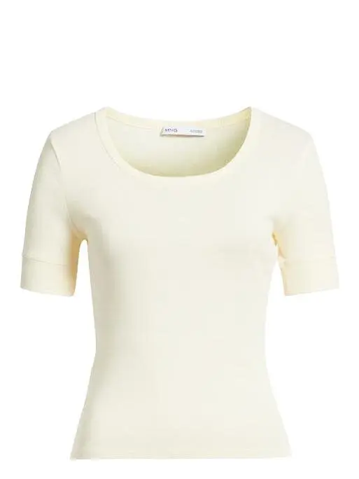 Mango Semisheer Ribbed Cotton T-shirt - Off White