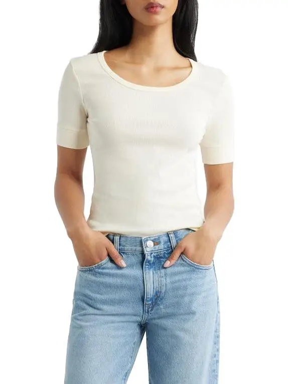 Mango Semisheer Ribbed Cotton T-shirt - Off White