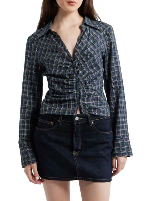 Mango Galeeno Plaid Ruched Top - Blue