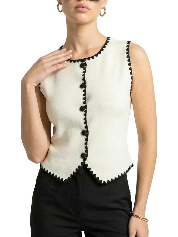 KNIT & LOUNGE Sleeveless Button-front Sweater Vest With Contrast Trim - Black/ White/ Beige
