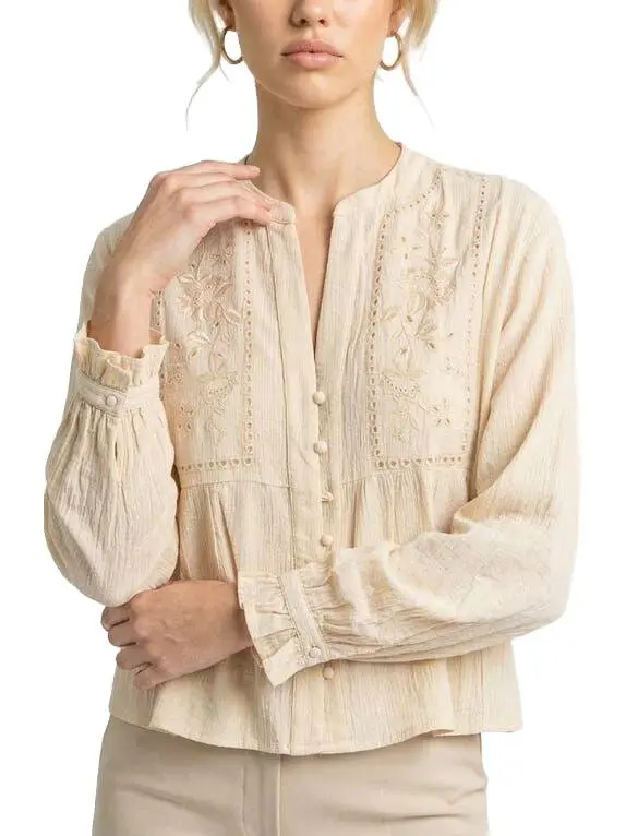 KNIT & LOUNGE Long Sleeve Blouse With Embroidered Panels - Beige/ Floral