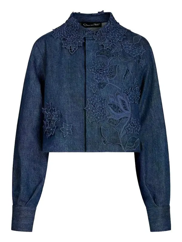 Oscar De La Renta Flower-embroidery Cropped Jacket - Blue