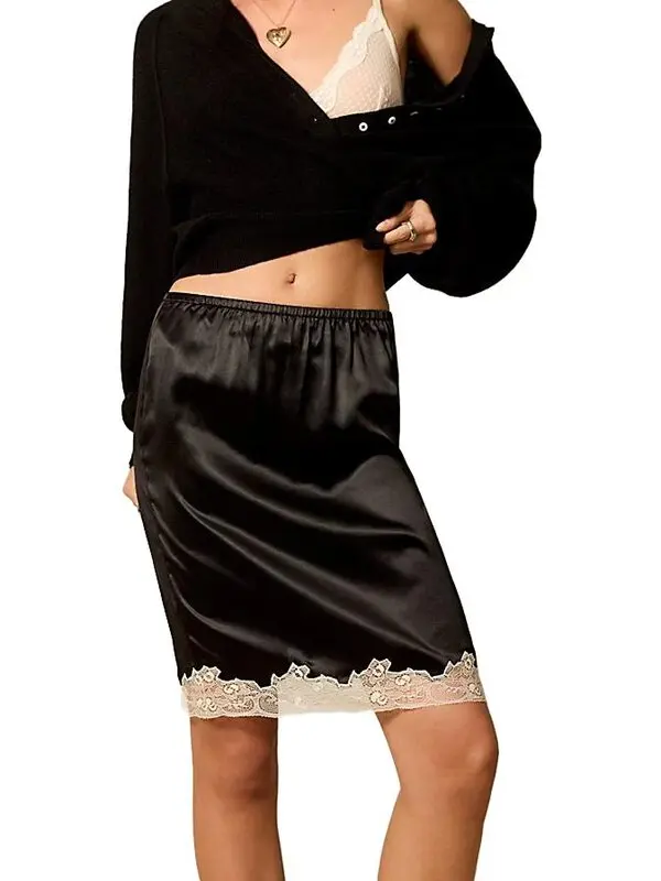 Only Hearts Silk Charmeuse Knee-length Slip Skirt With Lace Trim - Black/vintage