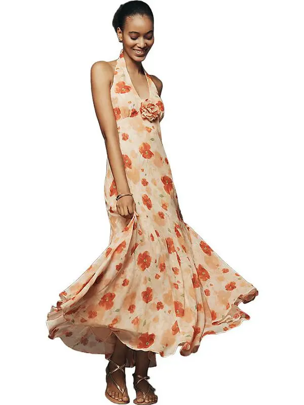 Astr The Label Yasmeen Halter Slip Dress - Orange Floral