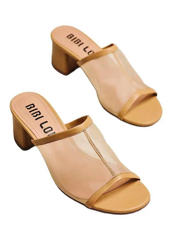 BIBI LOU Mesh Block Heel Mules - Camel