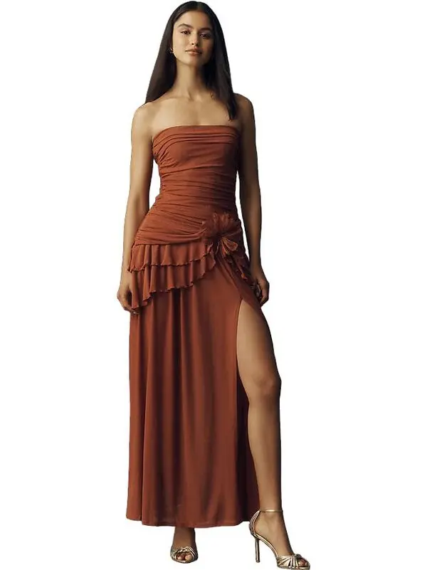 Bhldn Rosette Mesh Strapless Maxi Dress - Orange