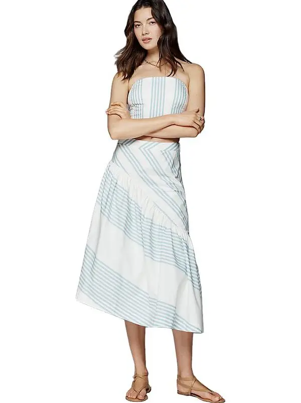 Maeve Cotton Striped Asymmetric Midi Skirt - Blue & White Stripe