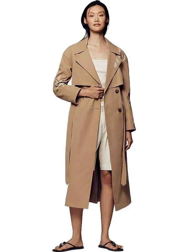 NVLT Longline Embroidered Trench Coat - Tan