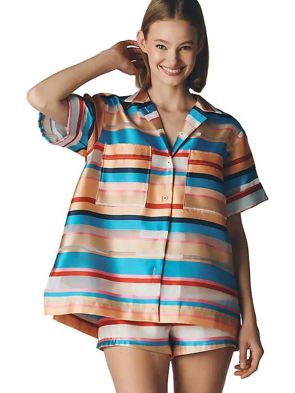 Maeve Short-sleeve Buttondown Top - Orange Stripe