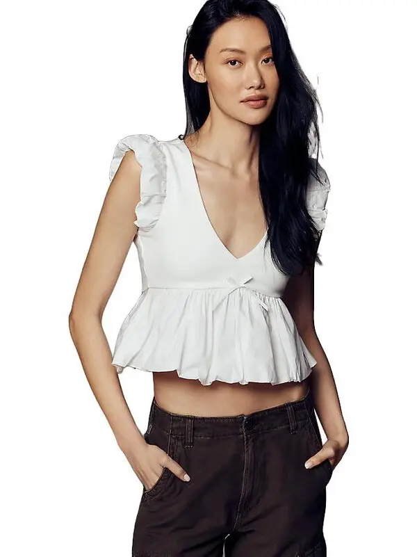 Maeve Crop Peplum Ruffle Top - White