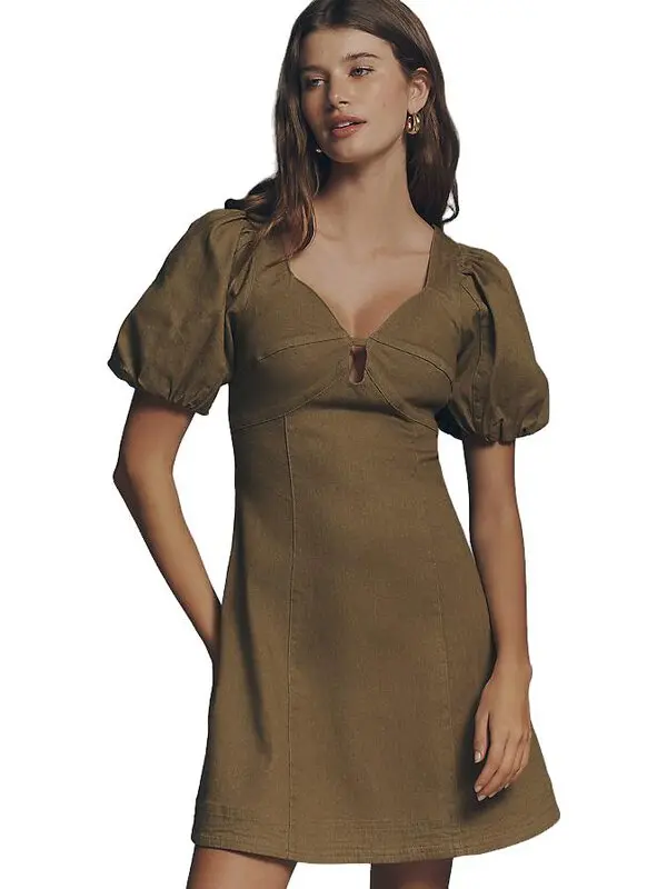 EN SAISON Sweetheart Puff-sleeve Dress - Olive