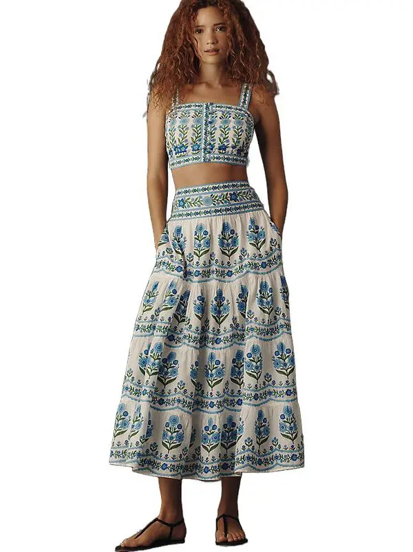 PINK CITY PRINTS 100% Cotton Tiered Rah Rah Skirt - Lapis Meadow