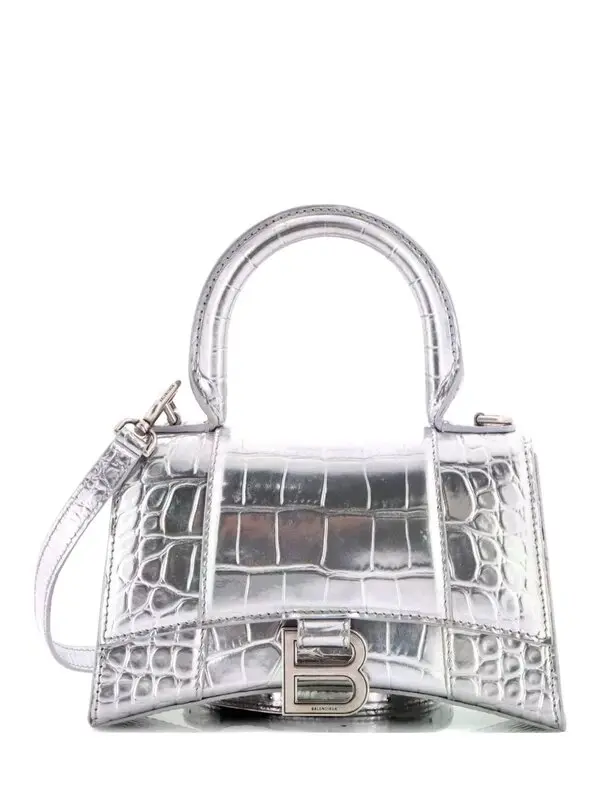 Balenciaga Hourglass Top Handle Bag Crocodile Embossed Leather Xs - Metallic