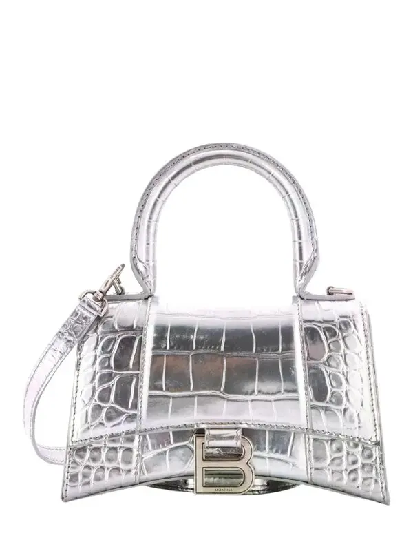Balenciaga Hourglass Top Handle Bag Crocodile Embossed Leather Xs - Metallic