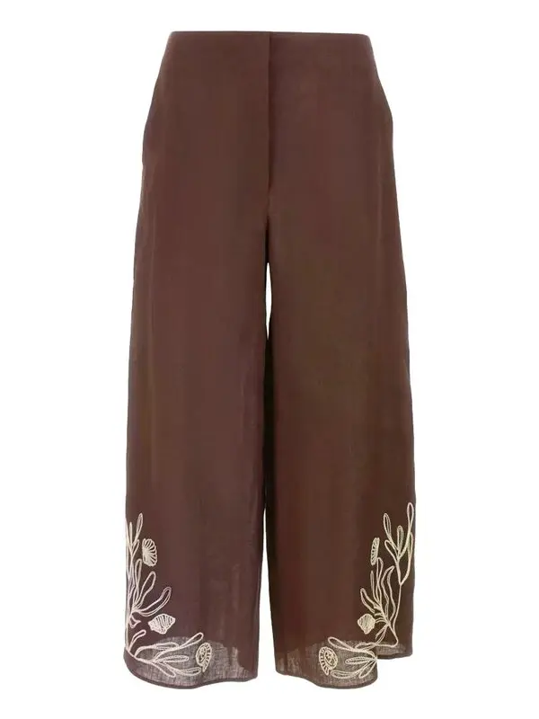 Marella Embroidered Wide Leg Linen Trousers - Brown